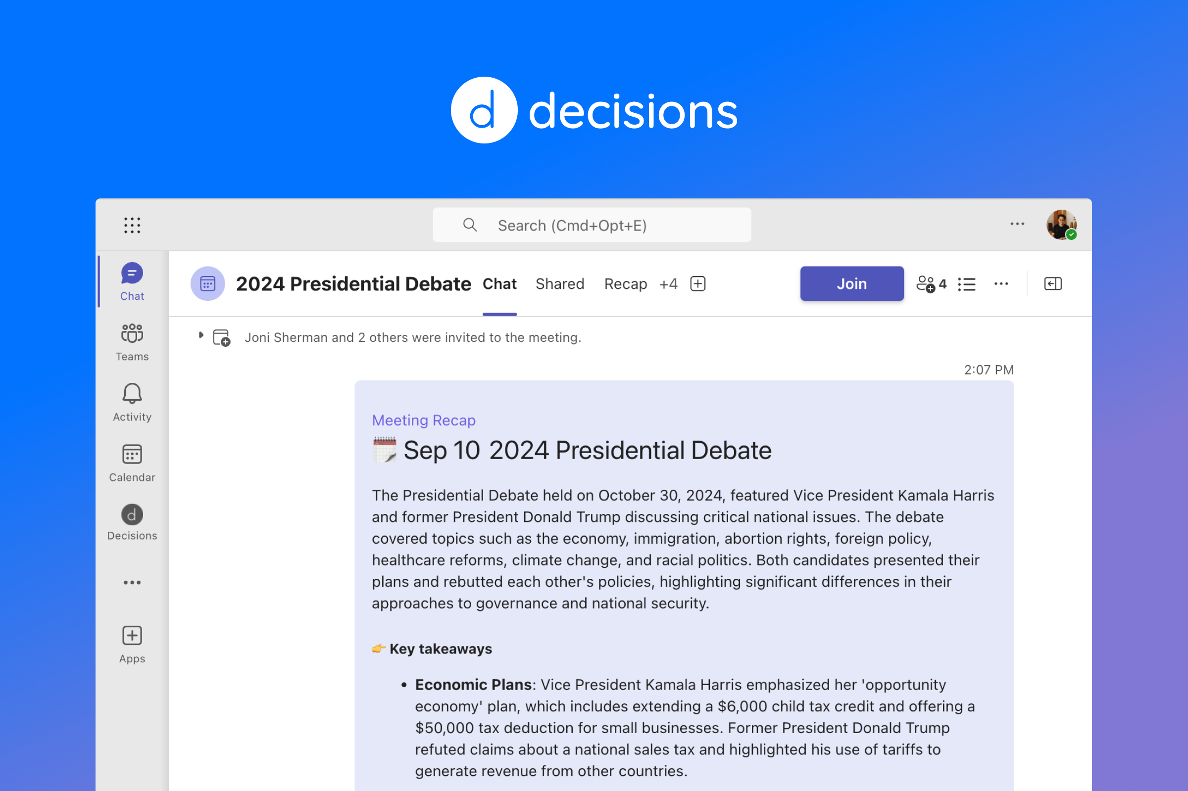Decisions AI Meeting Recap Explorer | U.S. Presidential Debate